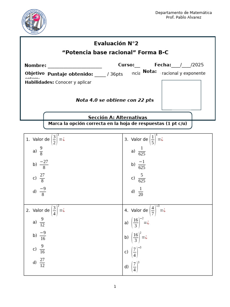 Evaluación Potencia Base Racional Forma Adaptada | PDF | Exponenciación ...