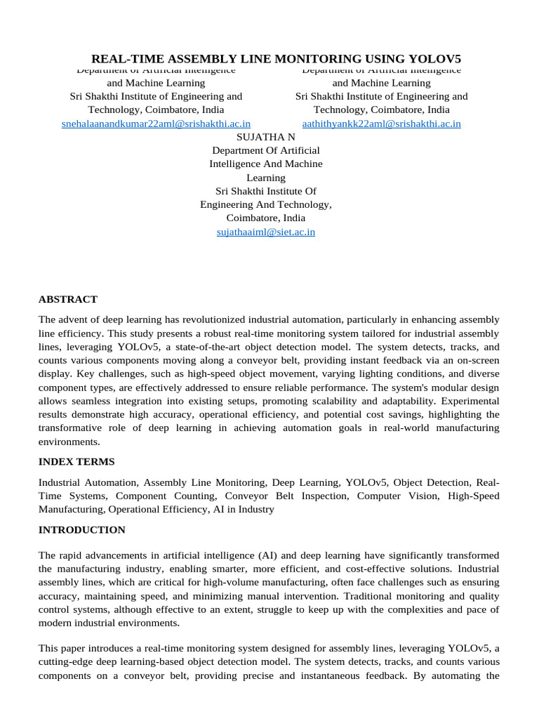 Real-Time Assembly Line Monitoring Using YOLOV5 | PDF | Automation | Deep Learning