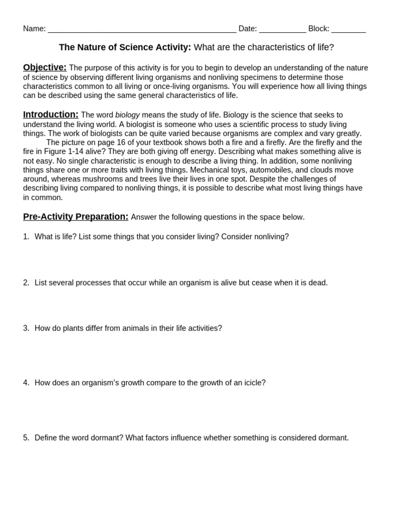 Characteristics of Life Activity | PDF | Nature | Science