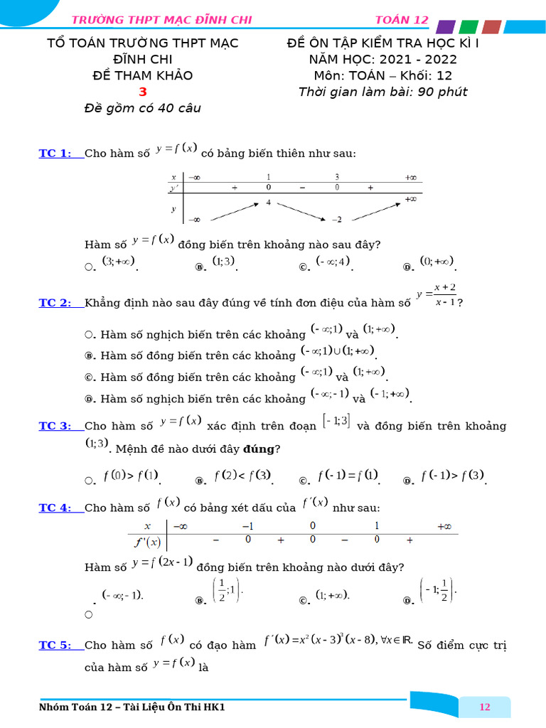 Đề Tham Khảo Hk1 2021 - 2022 - Cô Chi | PDF