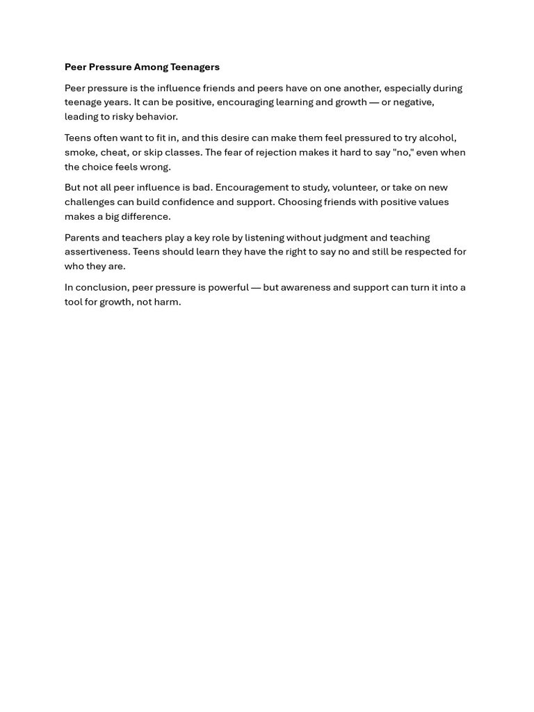 Peer Pressure Among Teenagers | PDF