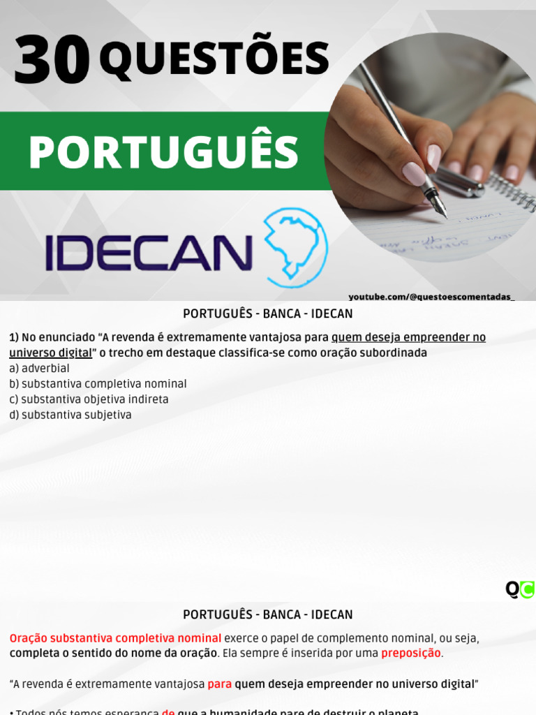 30 Questões - Português - Banca - IDECAN | PDF | Pronome | Semântica