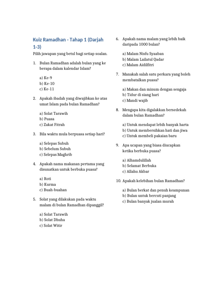 Kuiz Ramadhan Tahap 1 & 2 | PDF