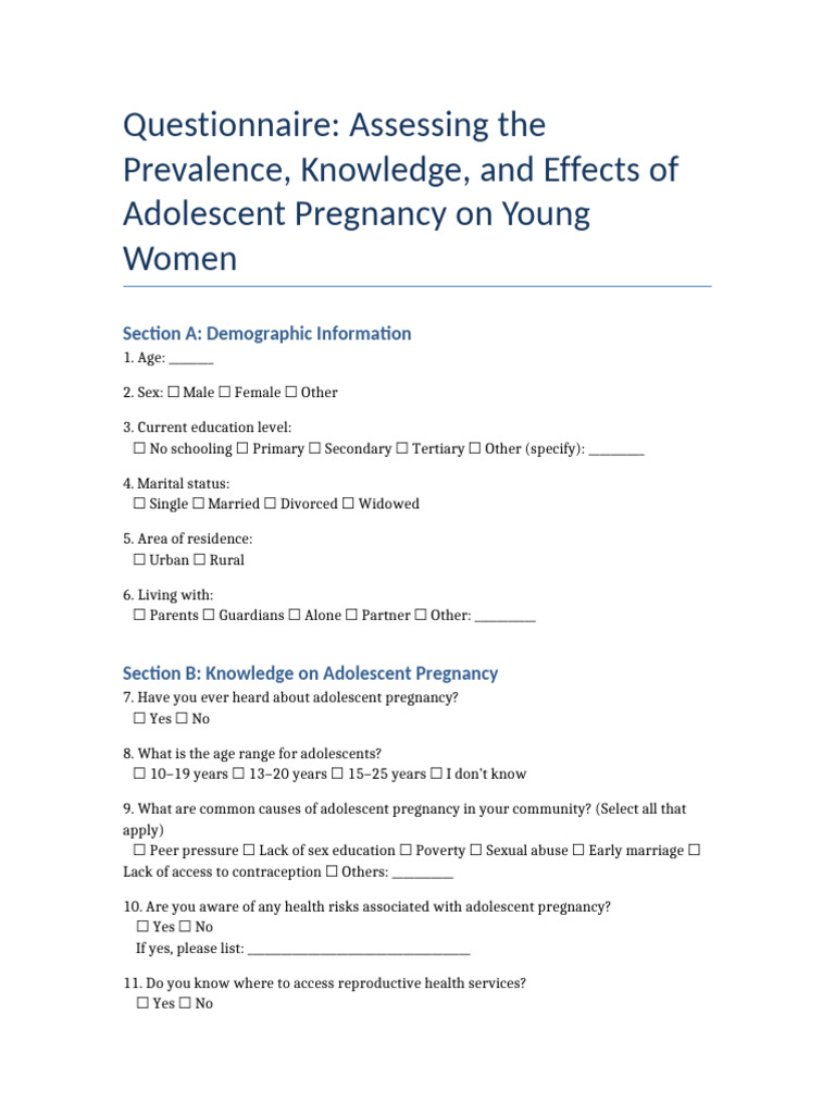 Adolescent Pregnancy Questionnaire | PDF | Teenage Pregnancy | Pregnancy