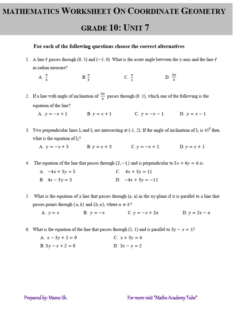 Coordinate Geometry Worksheet for Grades 10-11 | PDF | Angle | Line ...