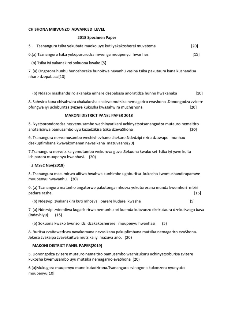 Chishona Mibvunzo Advanced Level-1 | PDF