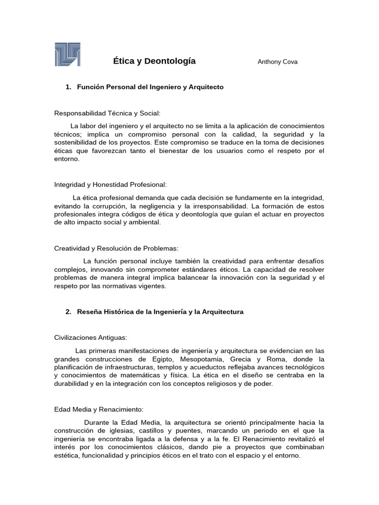 Ética y Deontología Anthony Cova | PDF | Sustentabilidad | Arquitecto