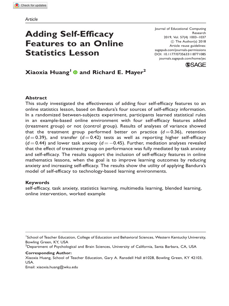 Adding Self-Efficacy Features To An Online Statistics Lesson | PDF ...