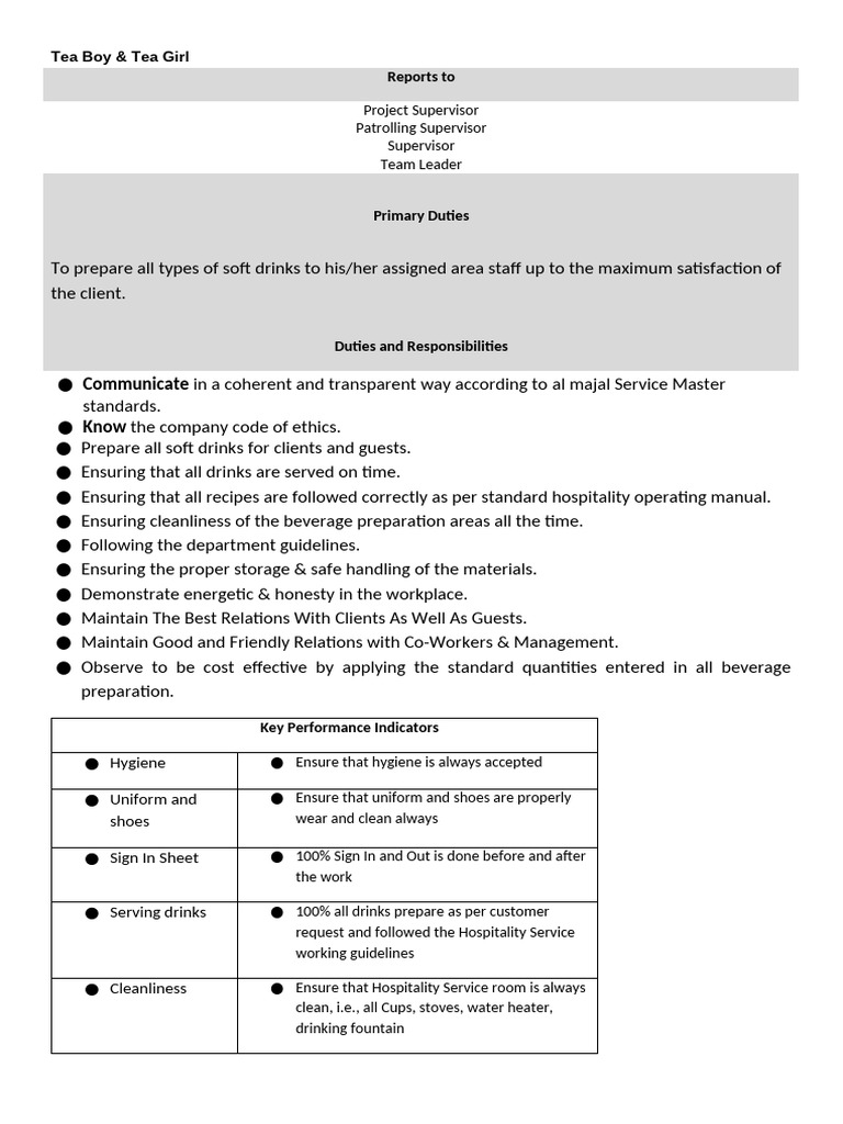 13-Job Description - Tea Boy - Tea Girl | PDF | Business