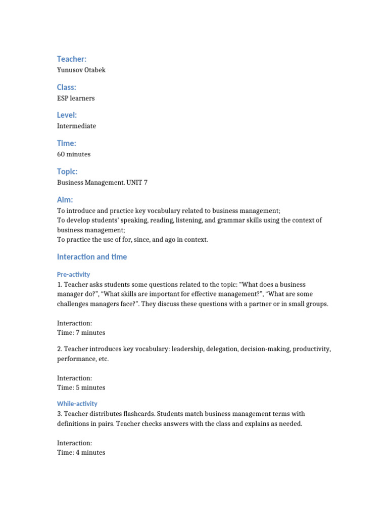 Business Management Lesson Plan | PDF