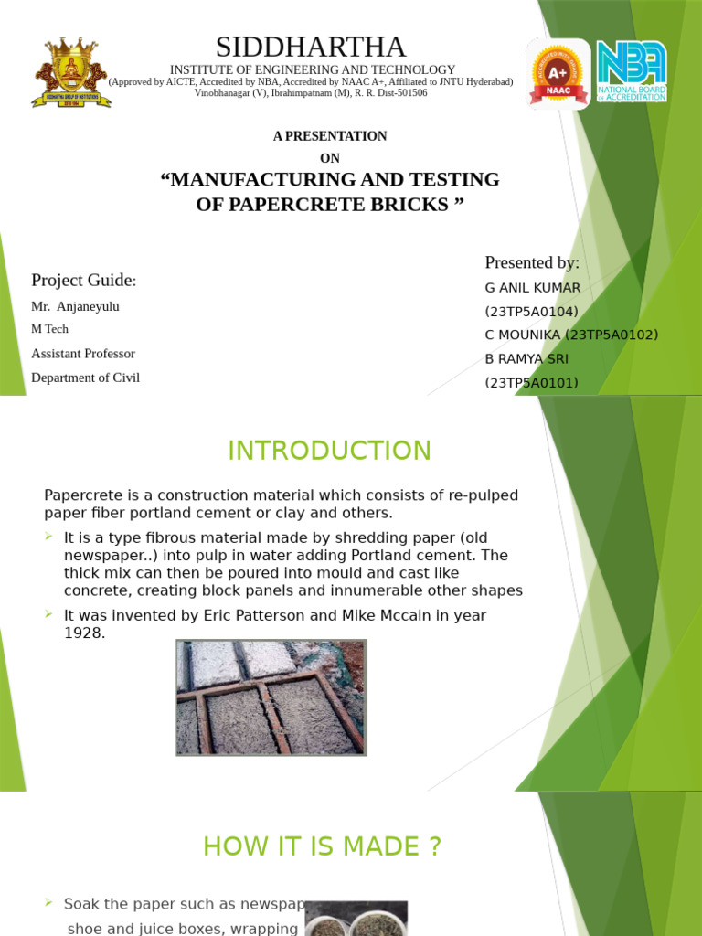 Manufracturing and Testing of Papercrete Bricks Ppt-1 | PDF | Concrete ...