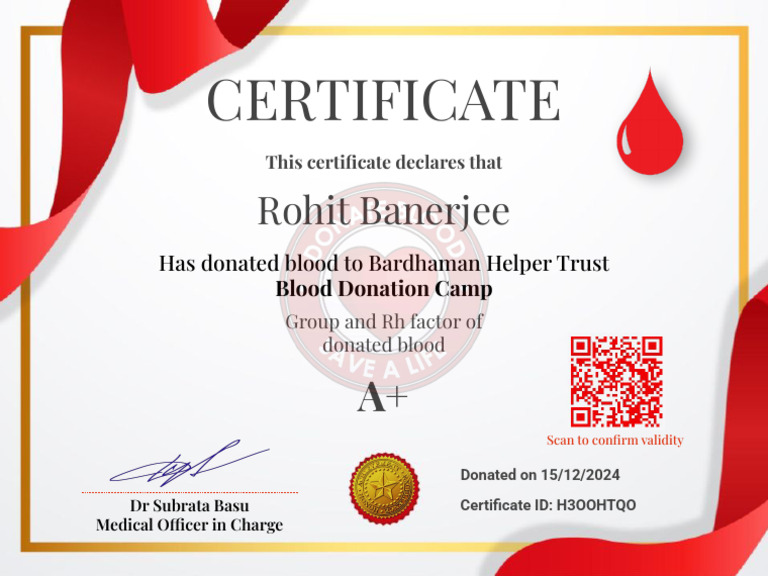 Blood Donation Certificate - Rohit Banerjee | PDF