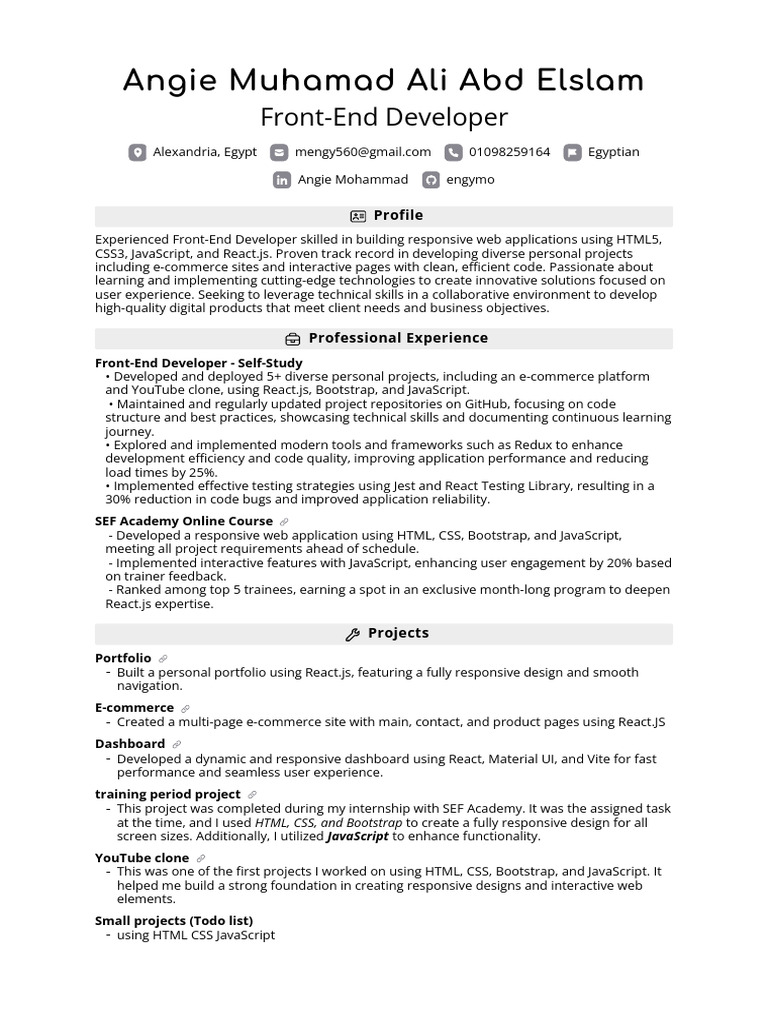 Angie Muhamad Front End CV | PDF | Java Script | Bootstrap (Front End Framework)