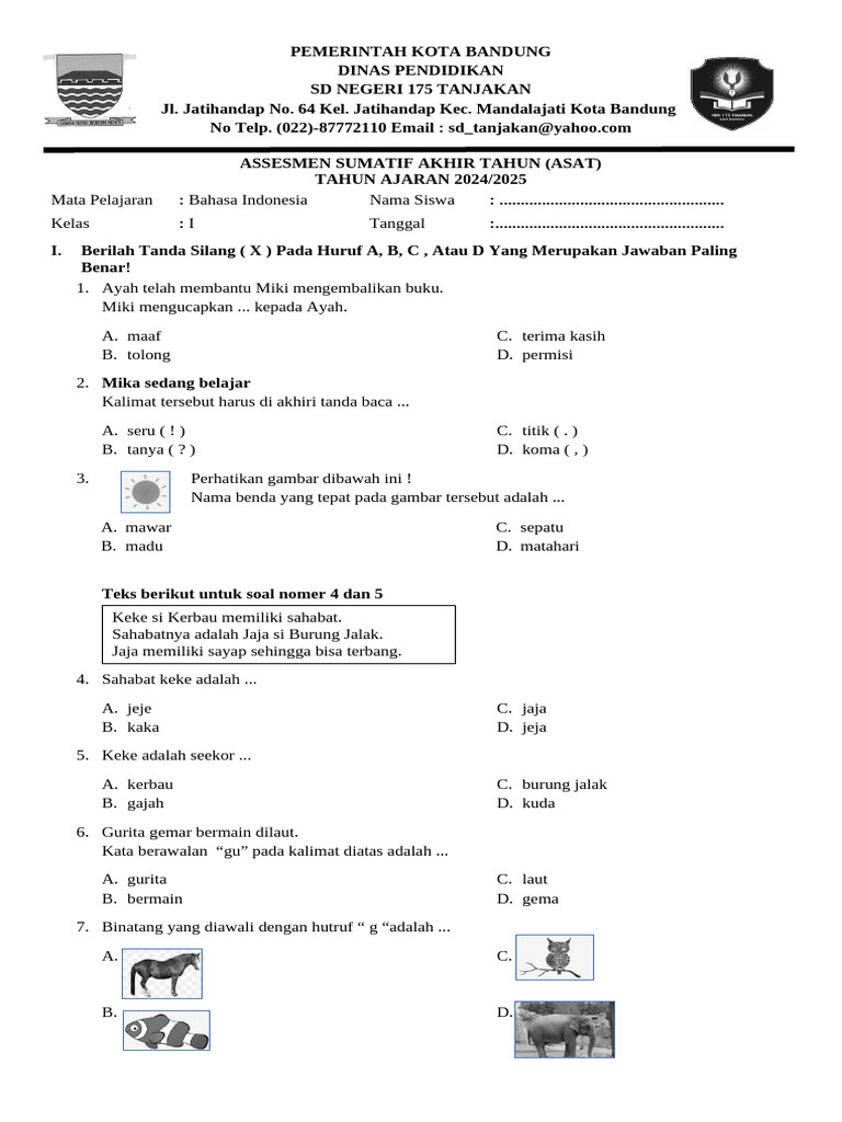 Soal Bahasa Indonesia KLS 1 | PDF