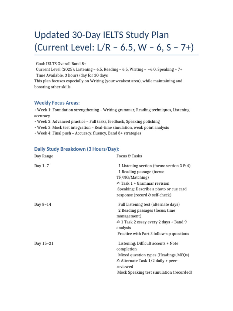 30-Day IELTS Study Plan for Band 8+ | PDF | International English ...