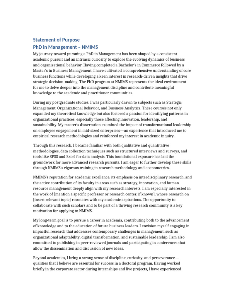 Sop Nmims PHD Management | PDF | Methodology | Doctor Of Philosophy