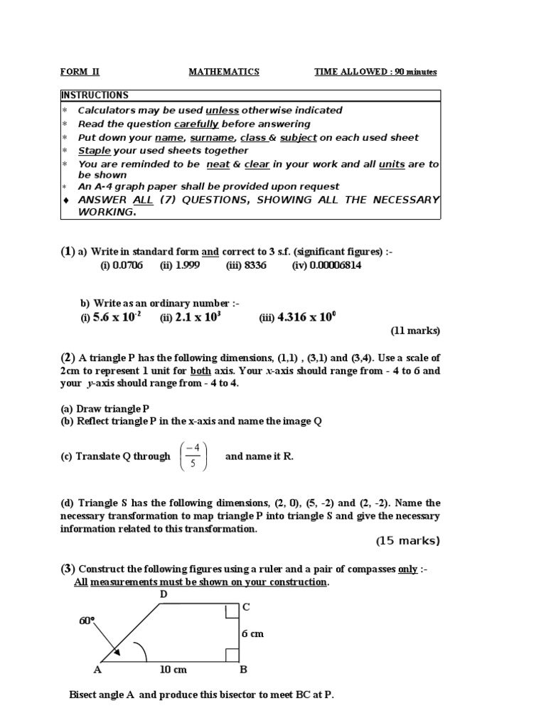 Mathematics Exam Form II Instructions | PDF | Dice | Cartesian ...