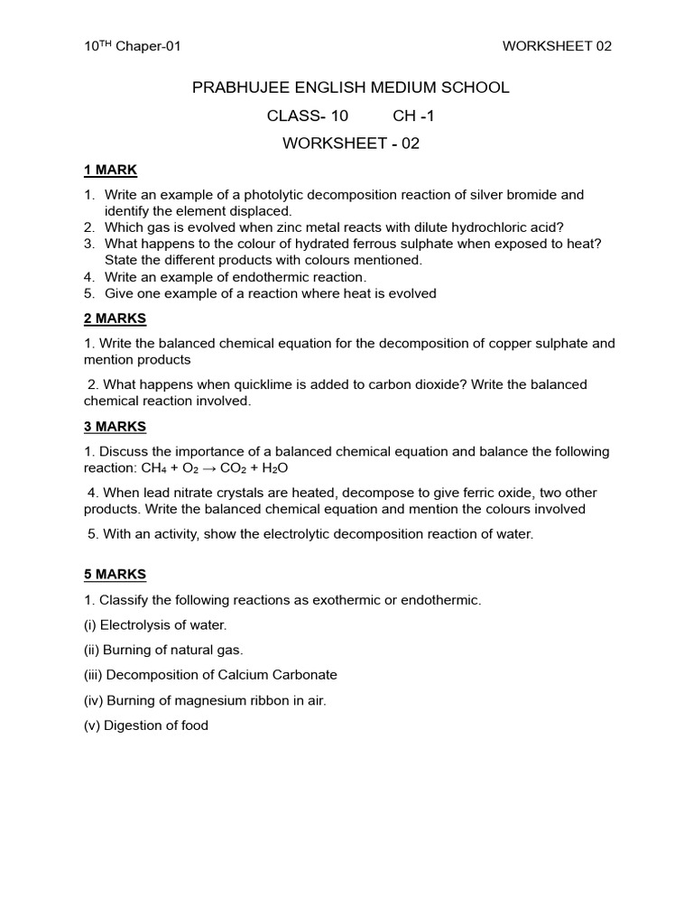 10 Chemistry Ch1 Worksheet 02 | PDF