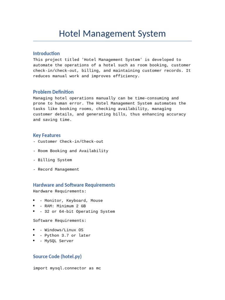 Hotel Management System Project | PDF