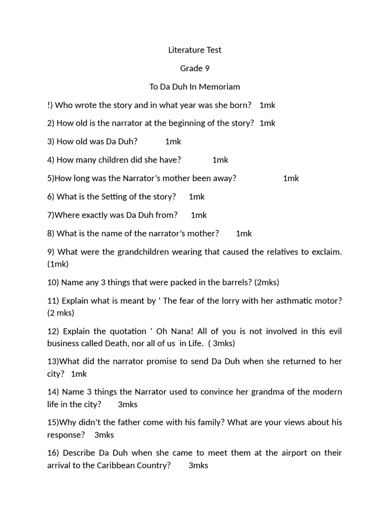 Literature Test To Da Duh in Memoriam | PDF