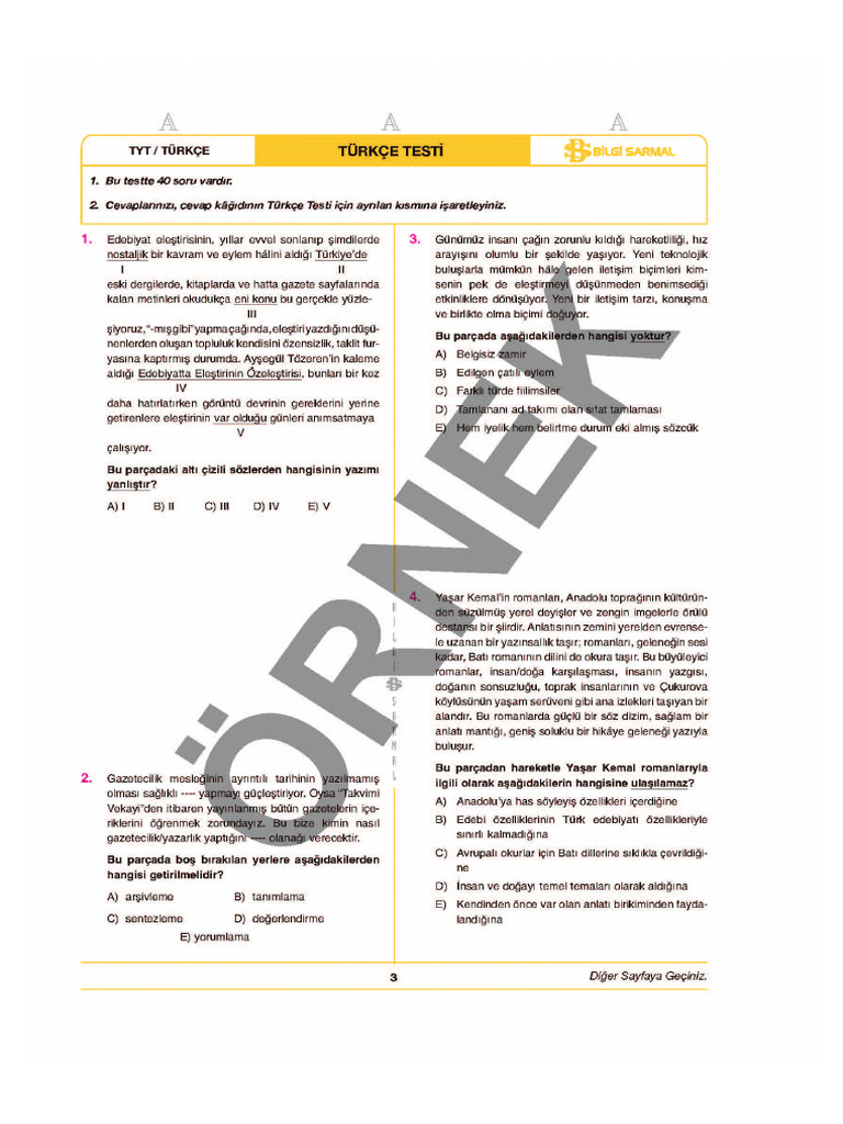 TYT Genel Deneme Bilgi Sarmal Yayınları | PDF