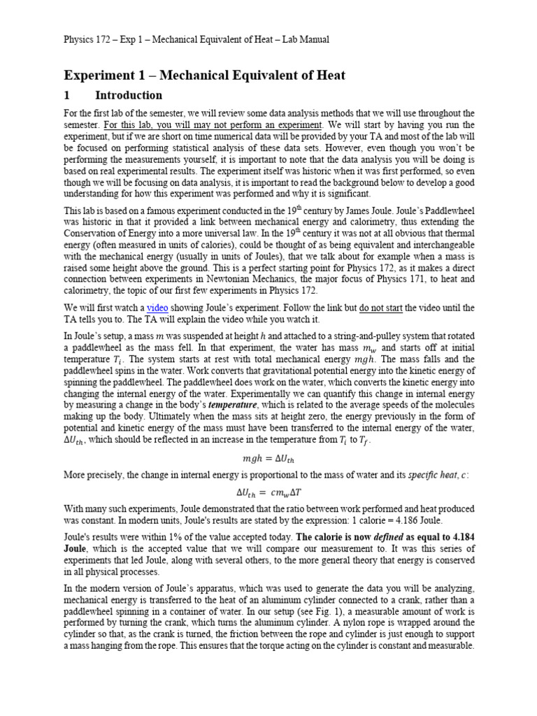 Experiment 01 - Mechanical Equivalent of Heat | PDF | Heat | Temperature
