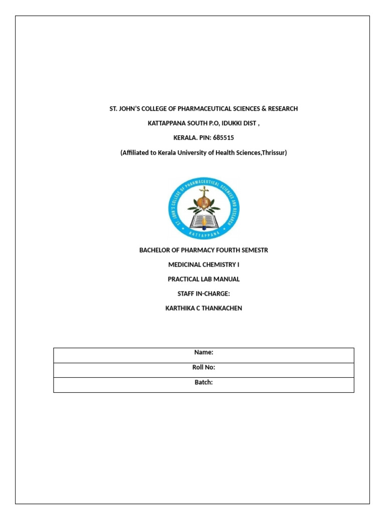 Medicinal Chemistry Lab Manual | PDF | Titration | Chemistry