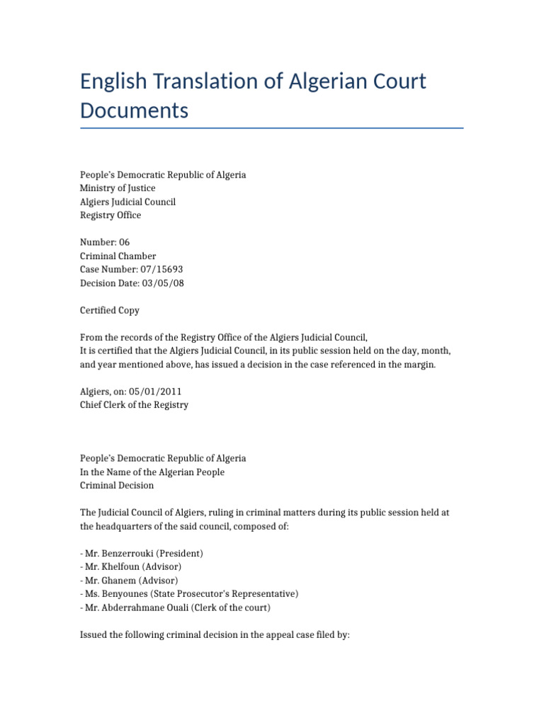 Algeria Criminal Appeal Decision | PDF | Appeal | Criminal Procedure In ...
