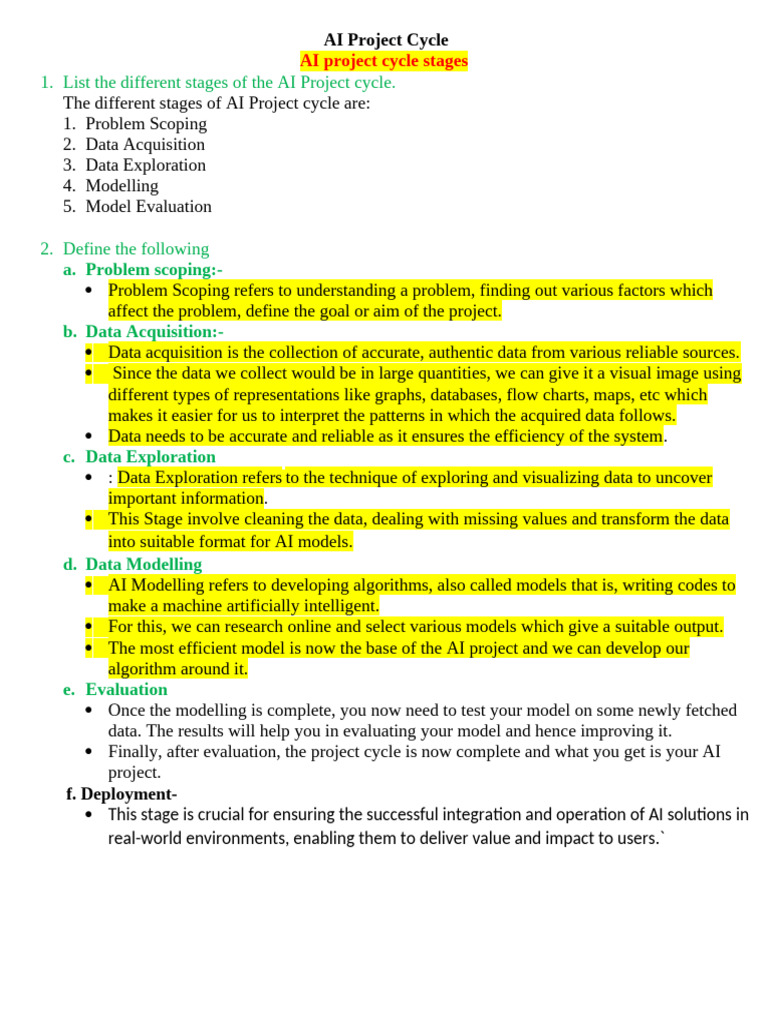 AI Project Cycle Stages Notes | PDF