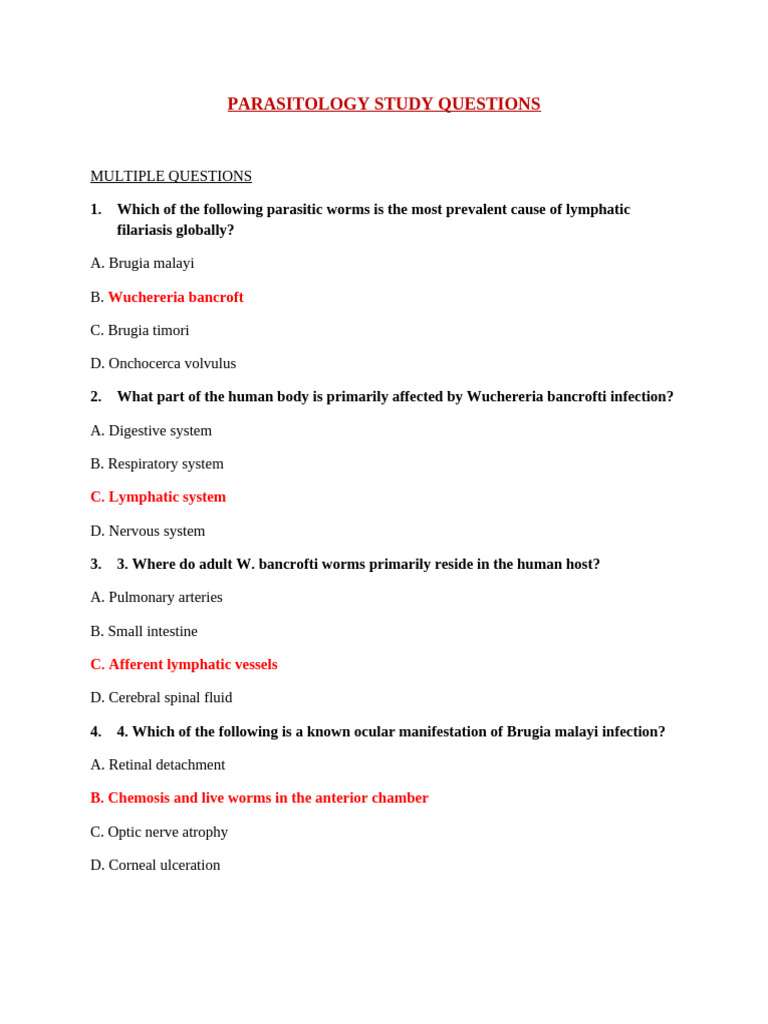 Parasitology Study Questions | PDF | Medical Specialties | Microbiology