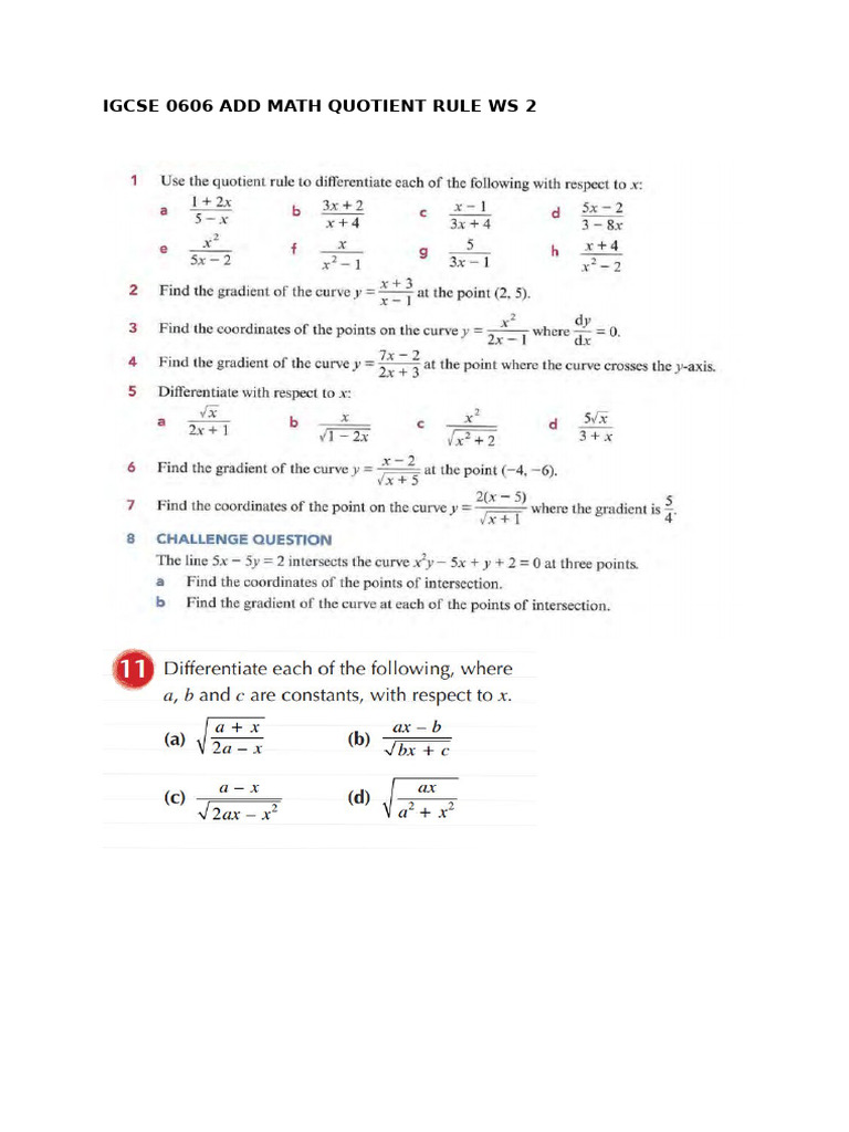 Igcse 0606 Add Math Quotient Rule WS 2 | PDF