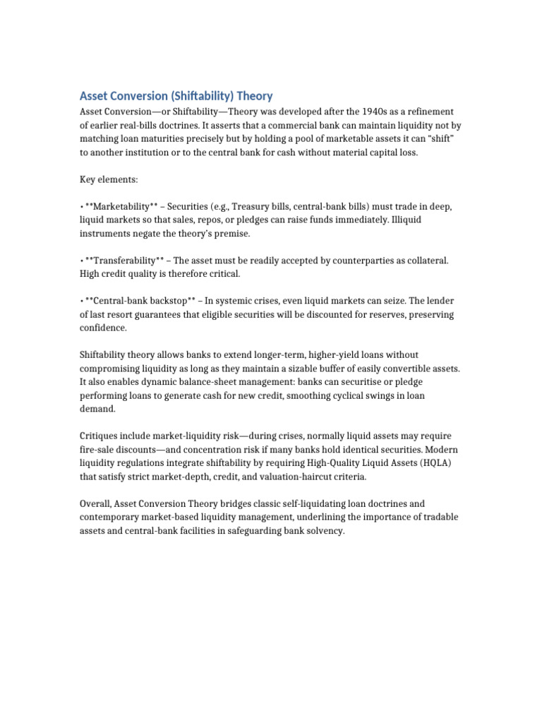Asset Conversion (Shiftability) Theory | PDF