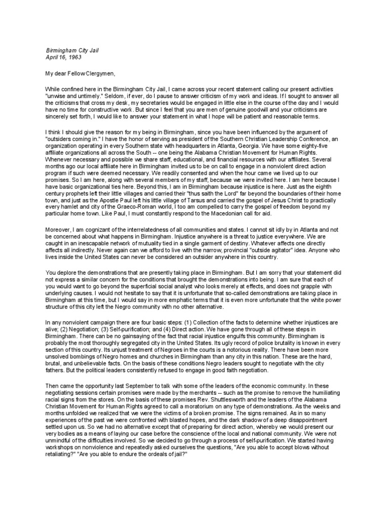 Birmingham City Jail Letter by Martin Luther King Jr. | PDF | Extremism ...