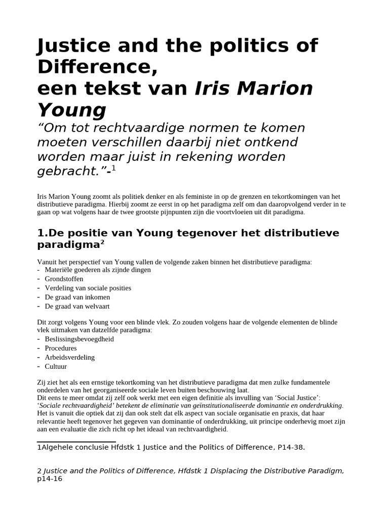 Justice and The Politics of Difference, Een Tekst Van Iris Marion Young ...