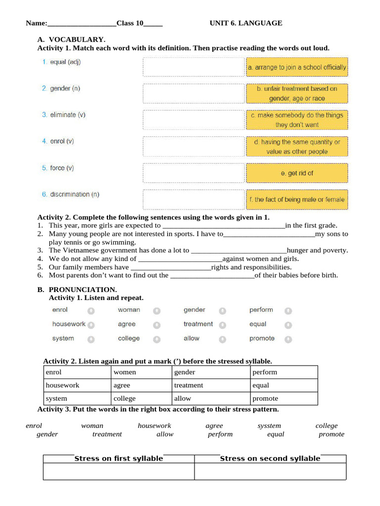 Class 10 Language Unit 6 Activities | PDF | Stress (Linguistics ...
