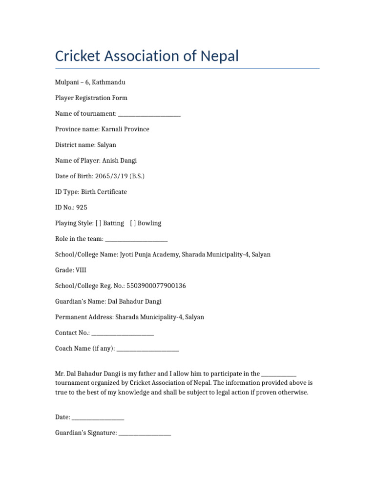 Cricket Player Registration Form Anish Dangi | PDF