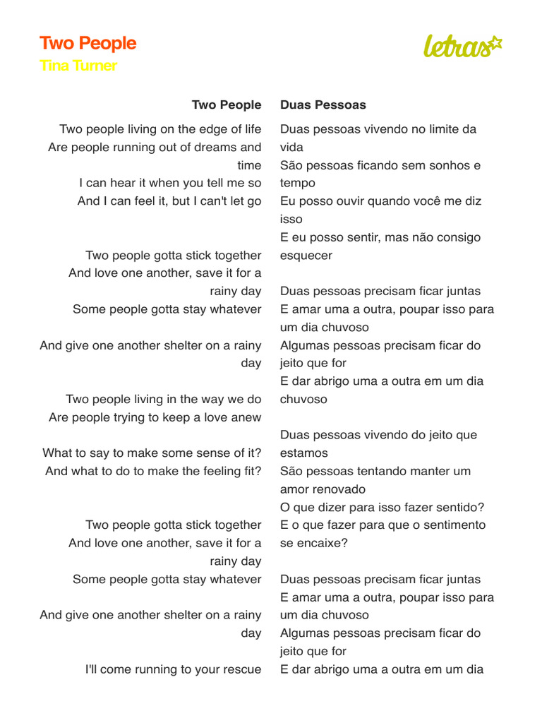 Letras de "Two People" - Tina Turner | PDF | Música gravada | Gravação ...