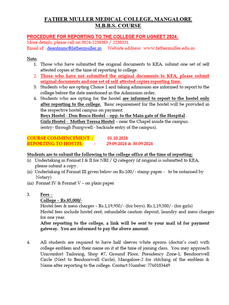 Mbbs 2024-25 Reporting Formalities | PDF