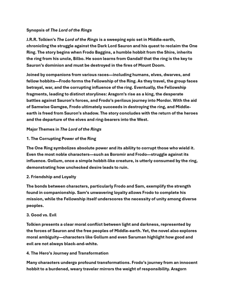 Synopsis and themes of LoTR. | PDF | The Lord Of The Rings | High Fantasy