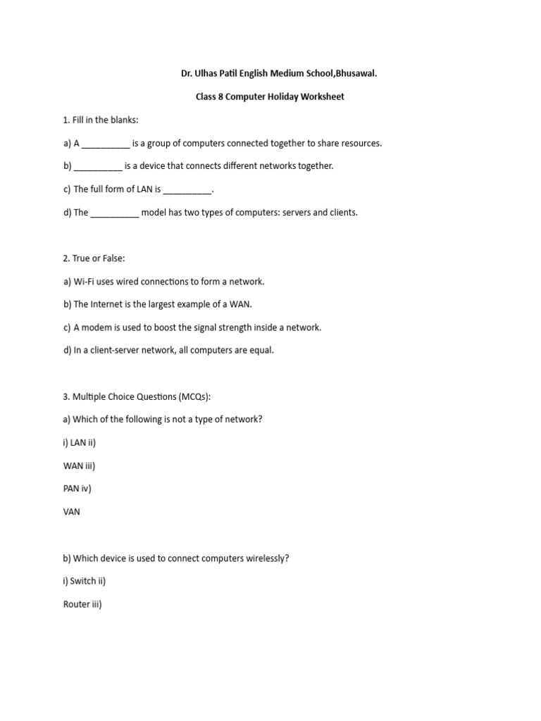 Class 8 Computer Networking Worksheet | PDF