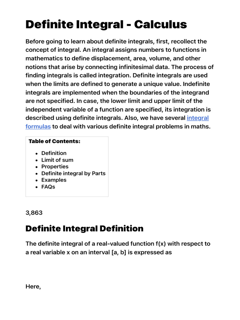 Definite Integral - Definition, Formulas, Properties and Solved Examples | PDF | Integral ...