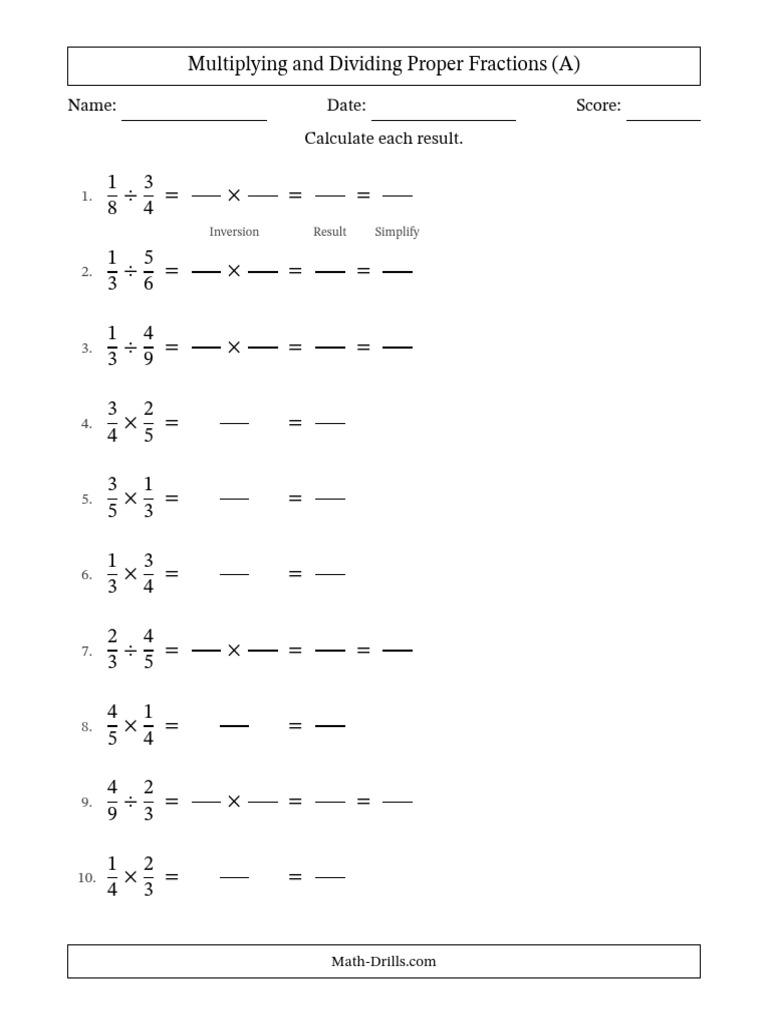 Fractions Operations 02 Fillable 06 Multiplication Division 01 Proper ...