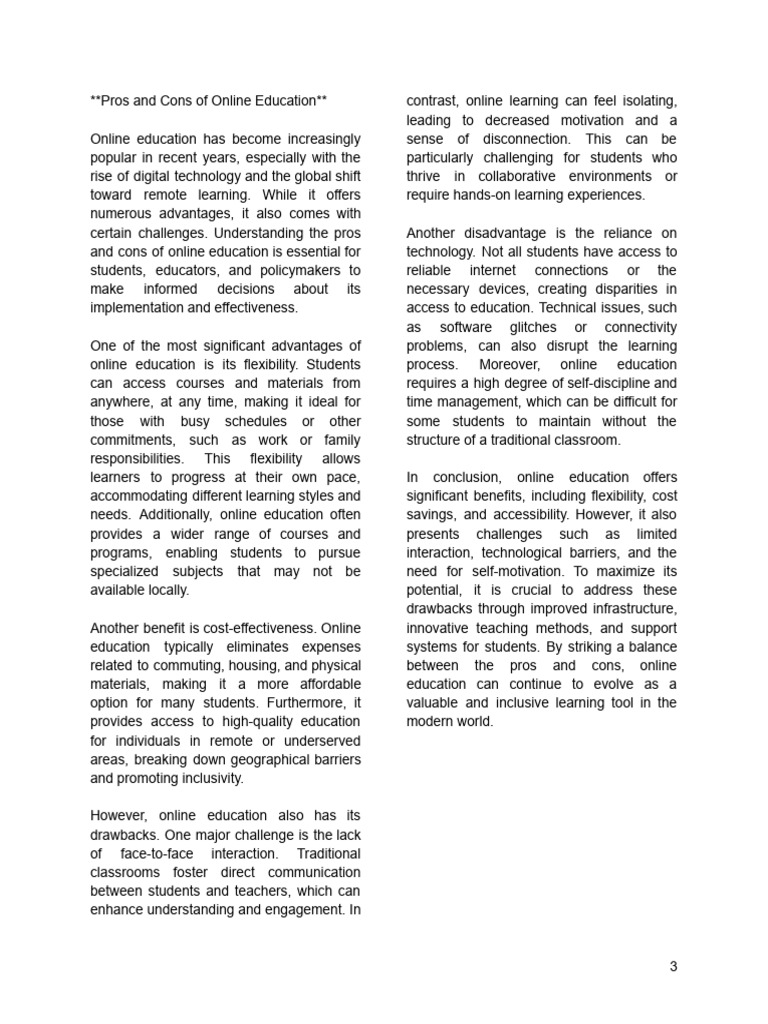 Pros and Cons of Online Education PDF | PDF | Educational Technology | Learning