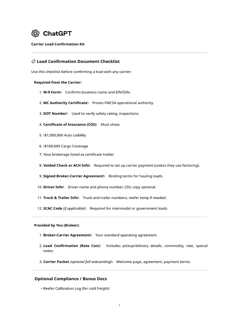 Carrier Load Confirmation Checklist | PDF