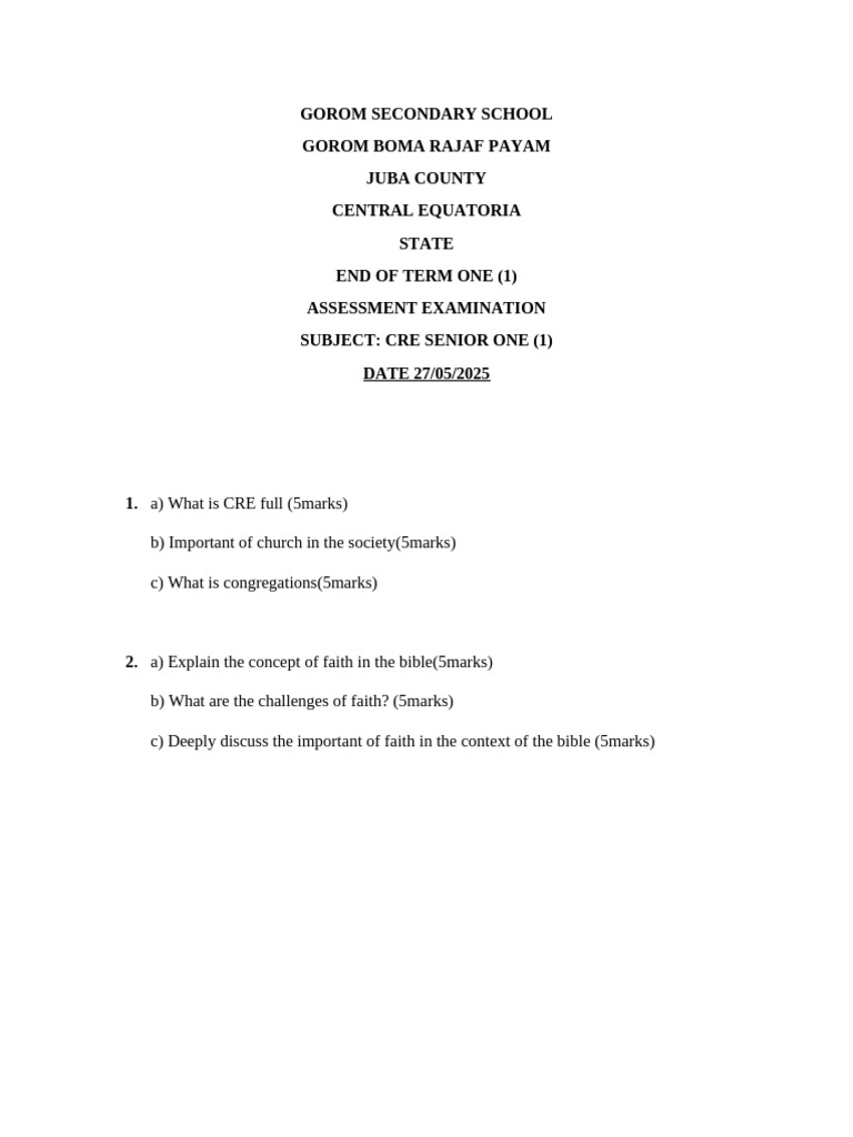 Senior One Assessment Exam | PDF