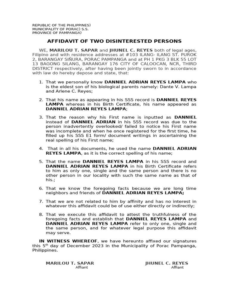 4 Affidavit of Two Disinterested Persons One and The Same Person ...