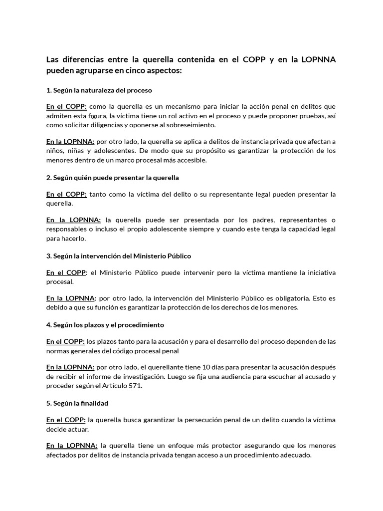 Las Diferencias Entre La Querella Contenida en El COPP y en La LOPNNA ...