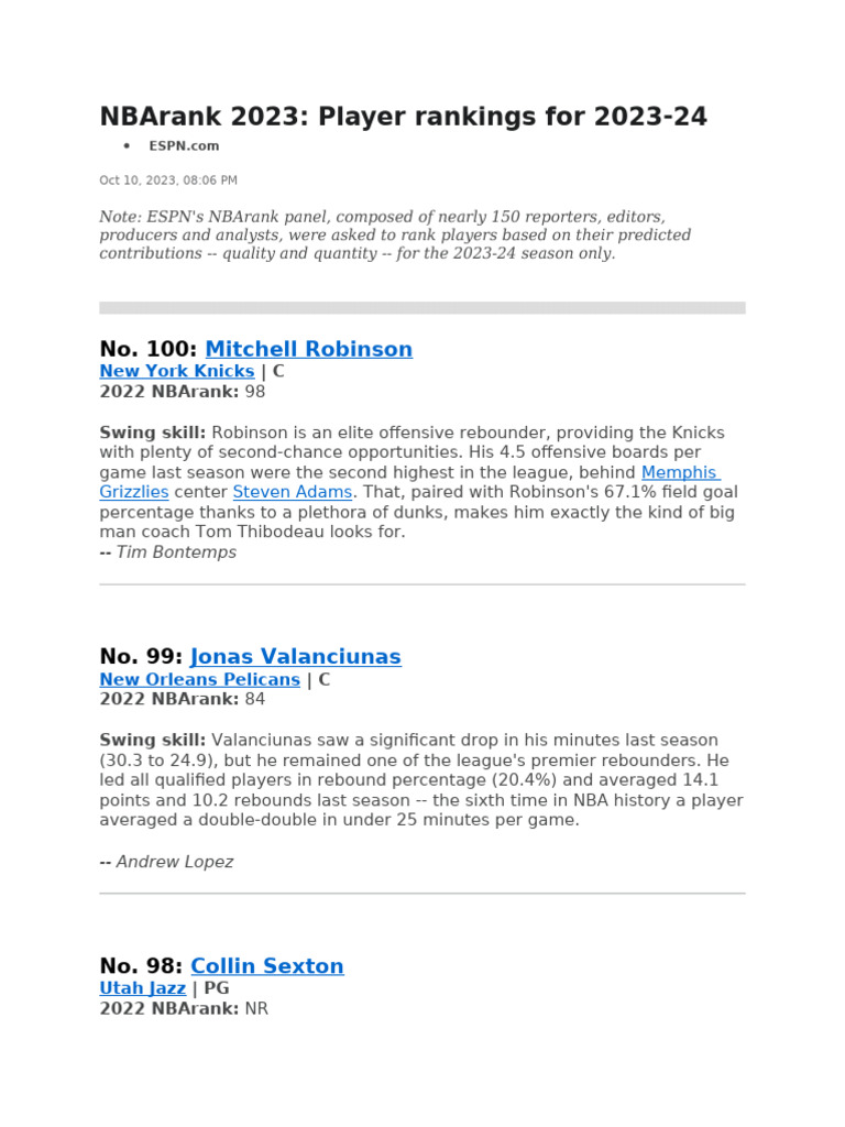 NBA On ESPN Power Rankings (2023-24 - Reg. Season (Edit.) ) | PDF ...