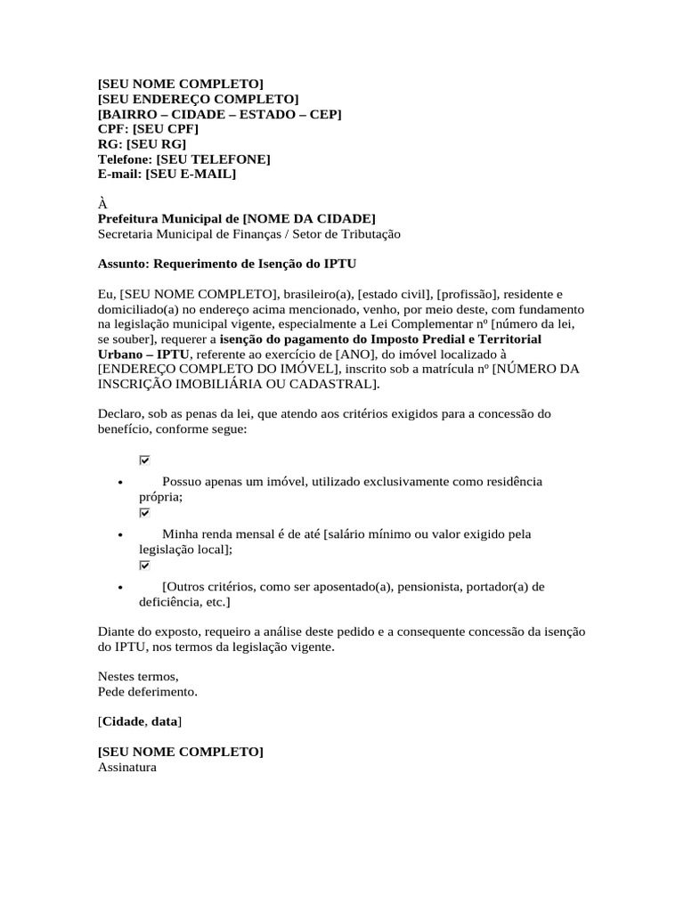Requerimento de Isenção de IPTU | PDF