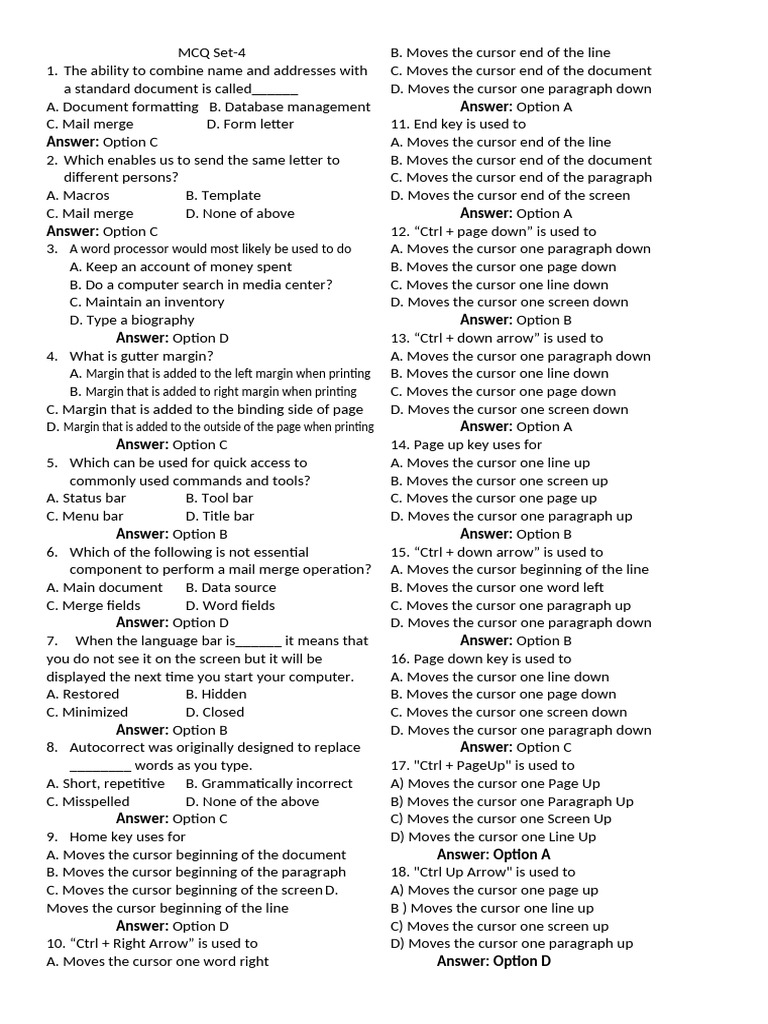 MS Word MCQ Practice Set 4 | PDF | Microsoft Word | Keyboard Shortcut